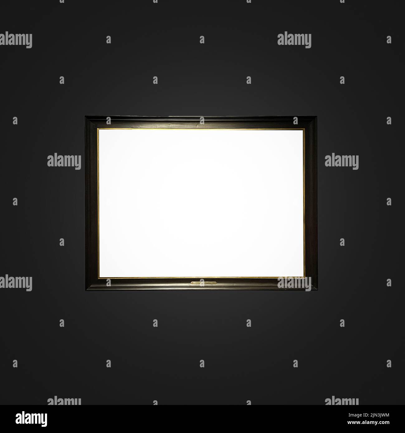 Antique art fair gallery frame on royal black wall at auction house or ...