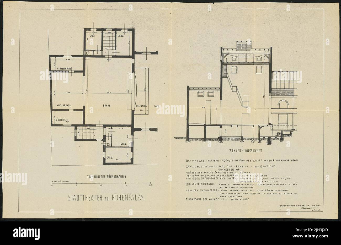 City Theater, Hohensalza: Stage Floor Plan and Stage Longitudinal ...