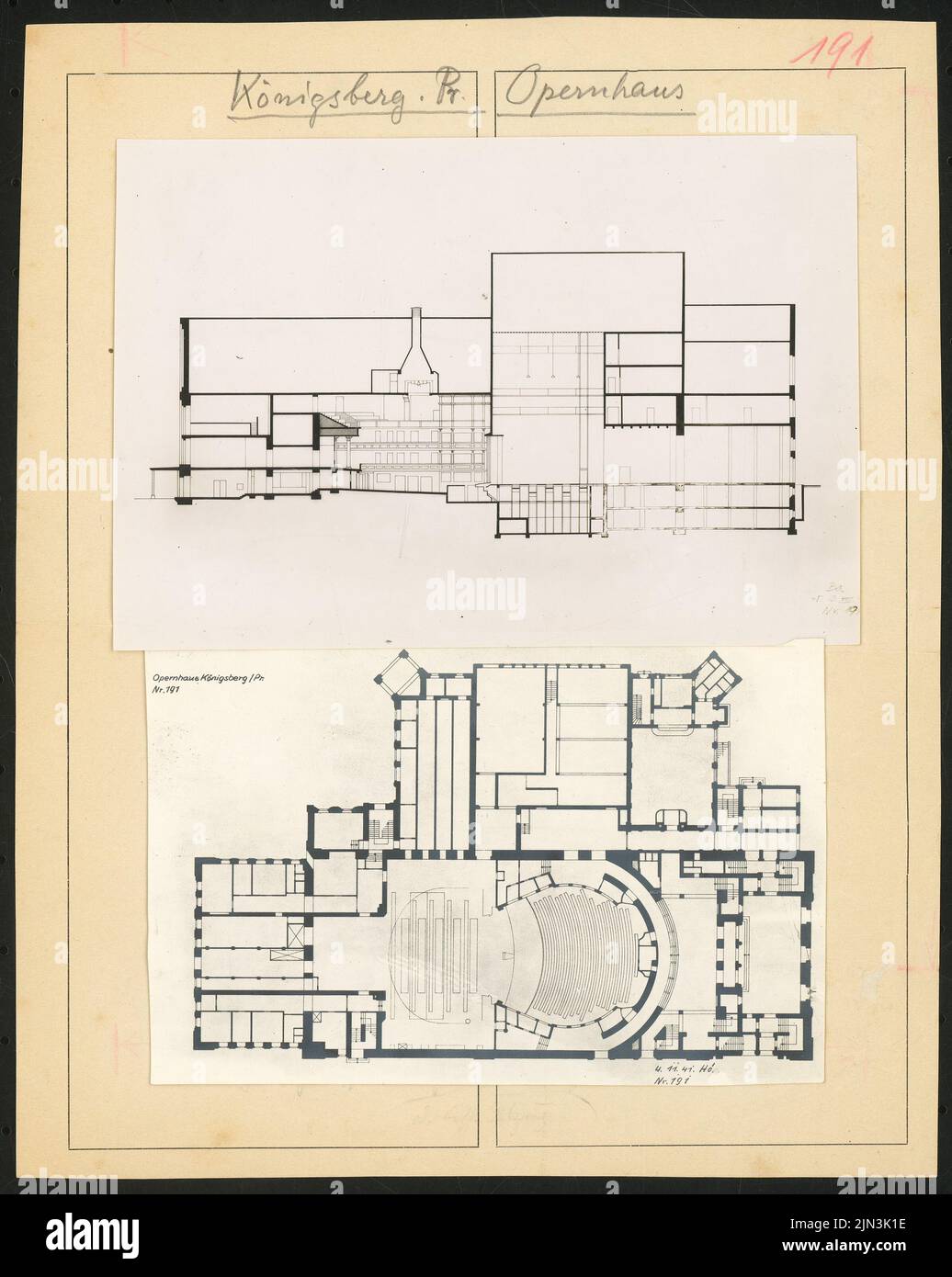 Opera house, Königsberg: floor plan and longitudinal section Stock ...