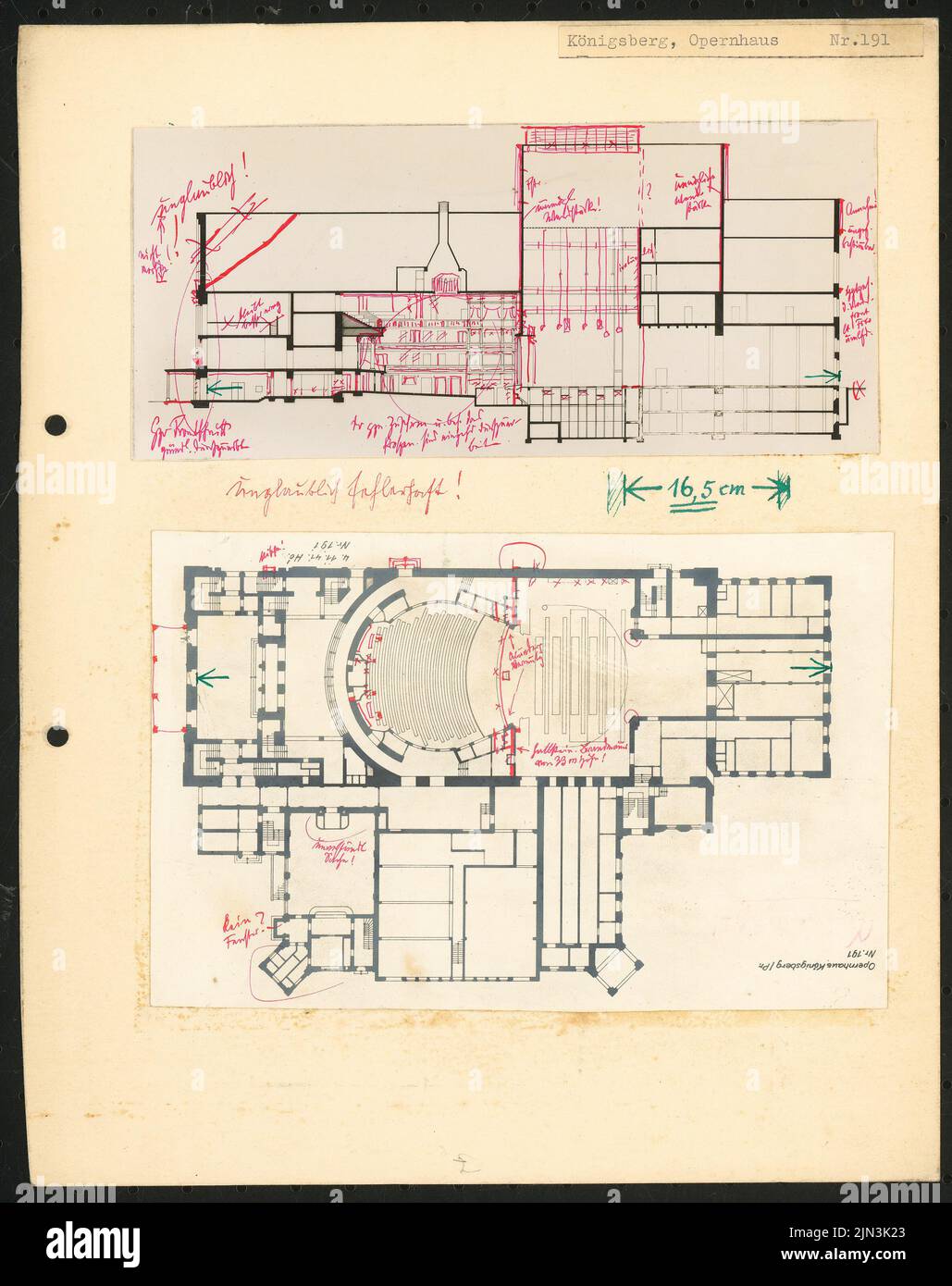Opera house, Königsberg: floor plan and longitudinal section Stock ...