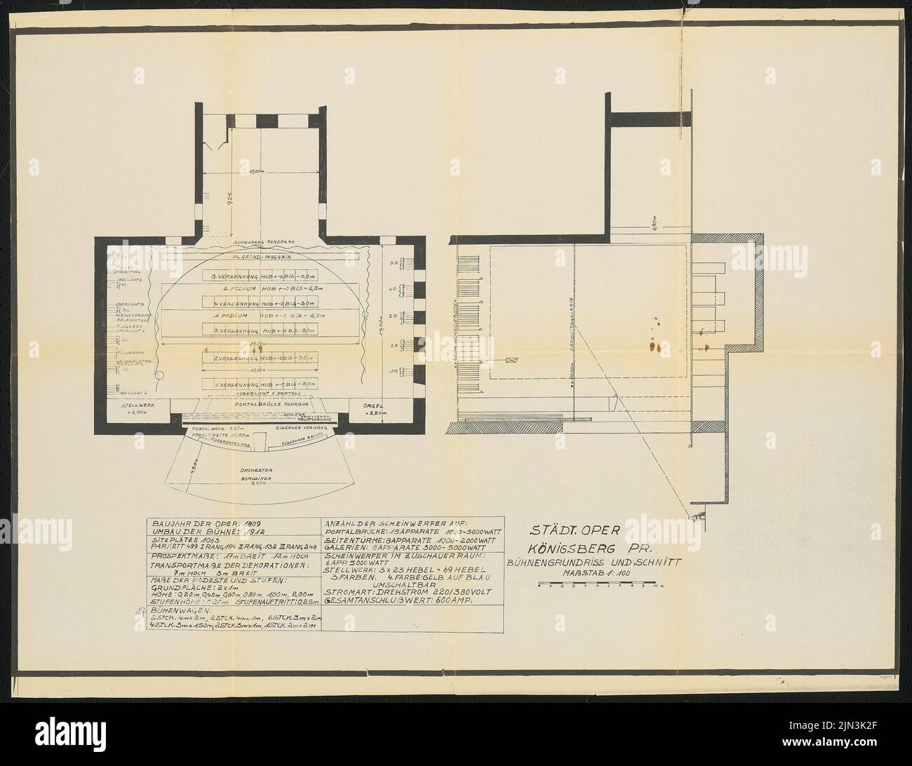 Opera house, Königsberg: stage floor plan and stage longitudinal ...