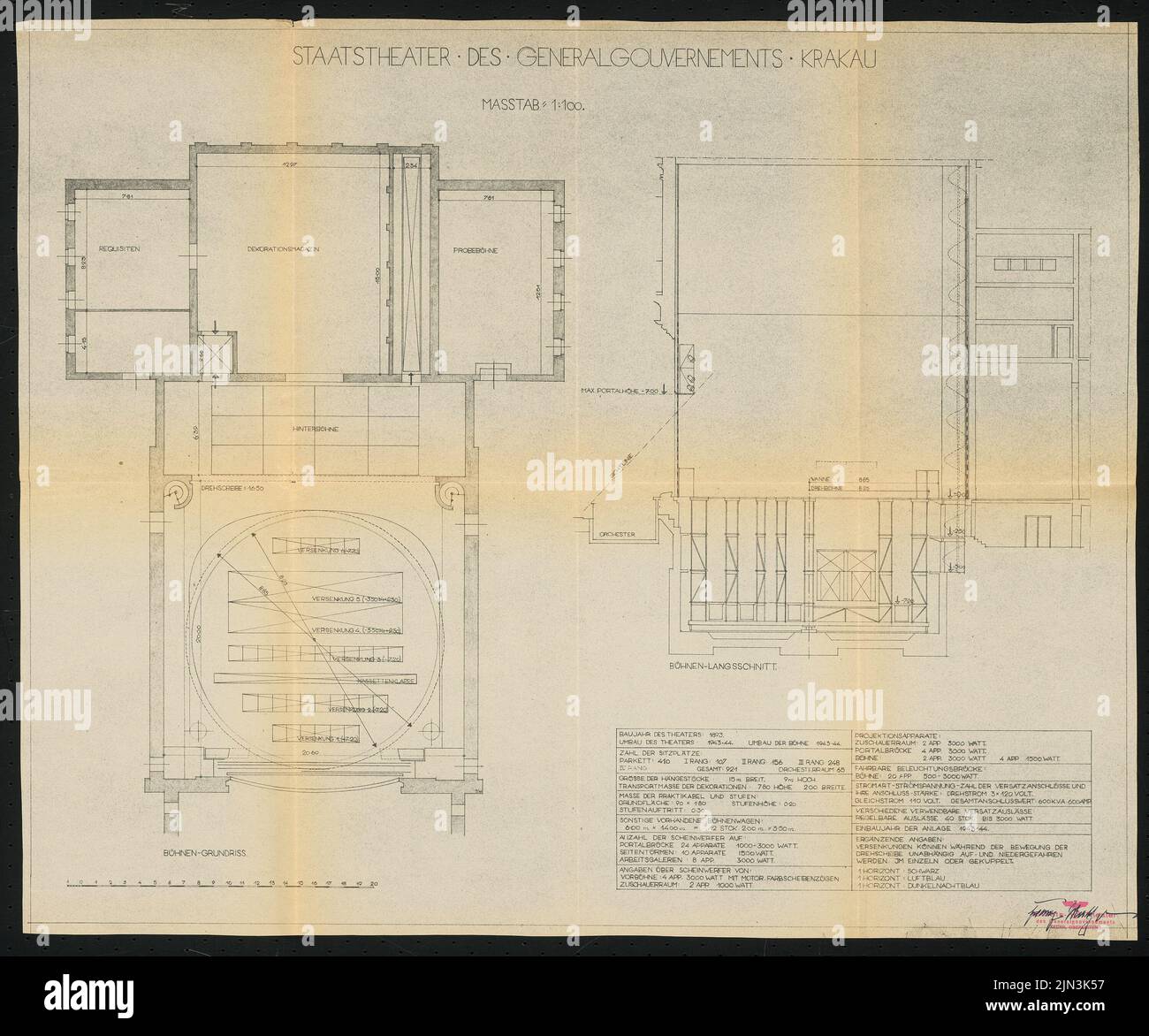 City theater, Krakow: stage floor plan and stage longitudinal section 1 ...