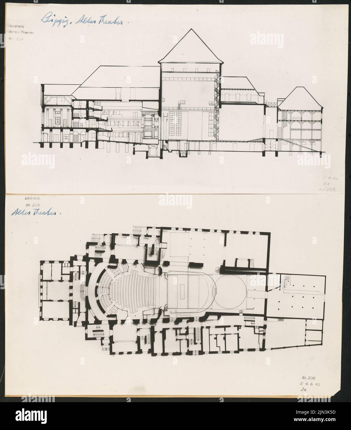 Old theater, Leipzig: floor plan and longitudinal section Stock Photo ...