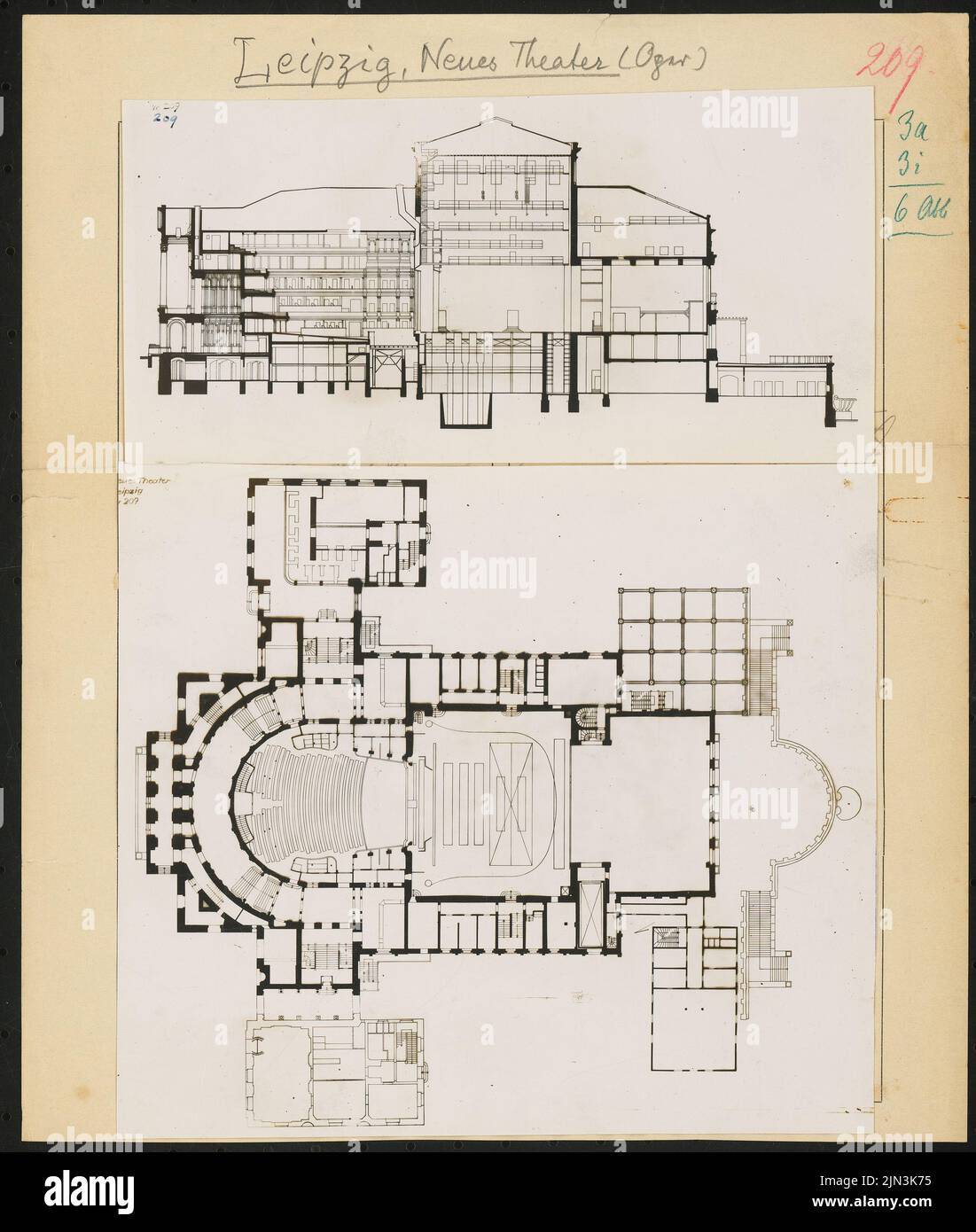 New theater, Leipzig: floor plan and longitudinal section Stock Photo ...