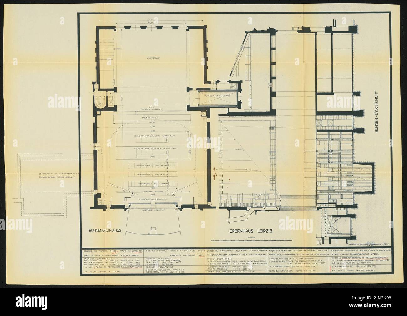 New theater, Leipzig: stage floor plan and stage longitudinal section 1 ...