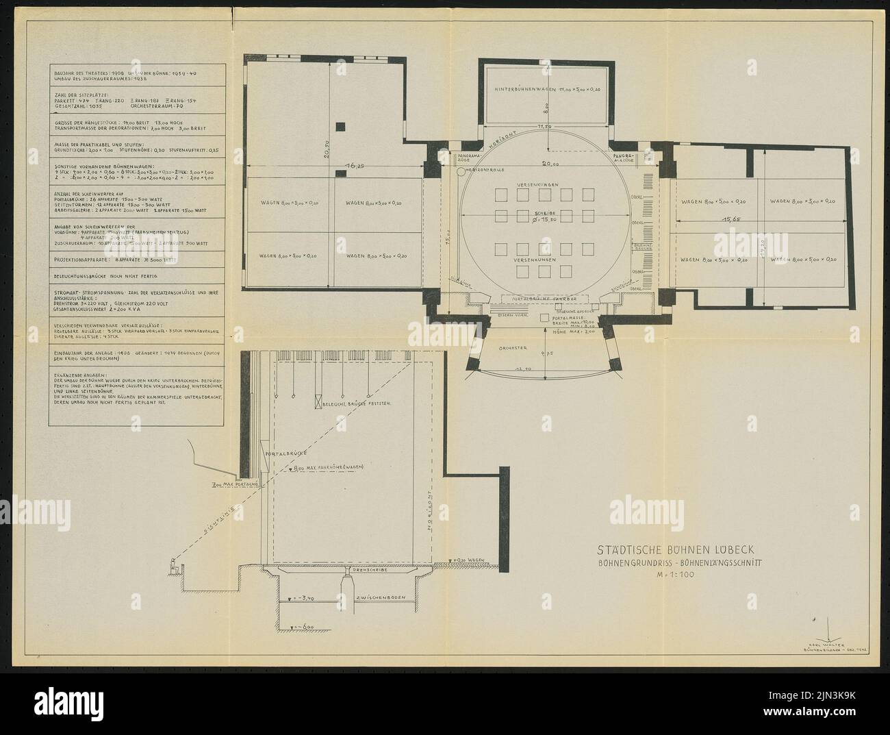 Stadttheater lubeck stage floor plan longitudinal section scale 1 hi ...