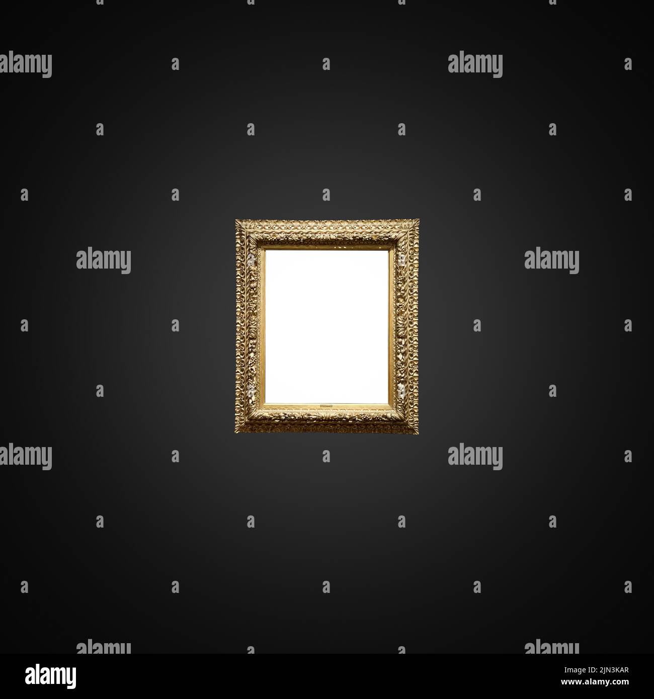 Antique art fair gallery frame on royal black wall at auction house or ...