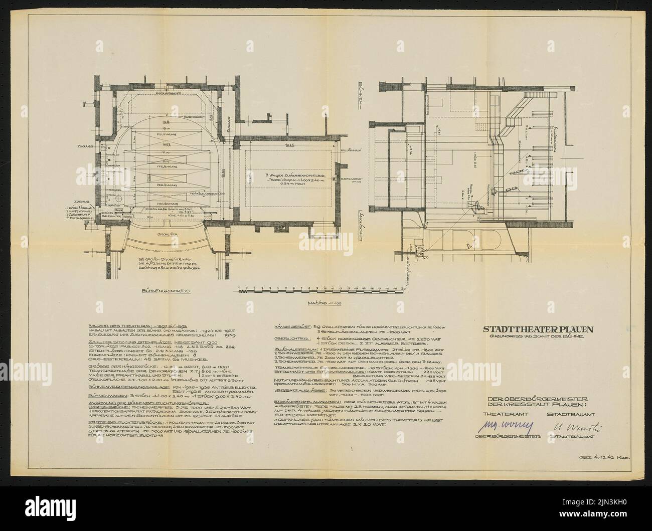 City theater, Plauen: stage floor plan and stage longitudinal section 1 ...