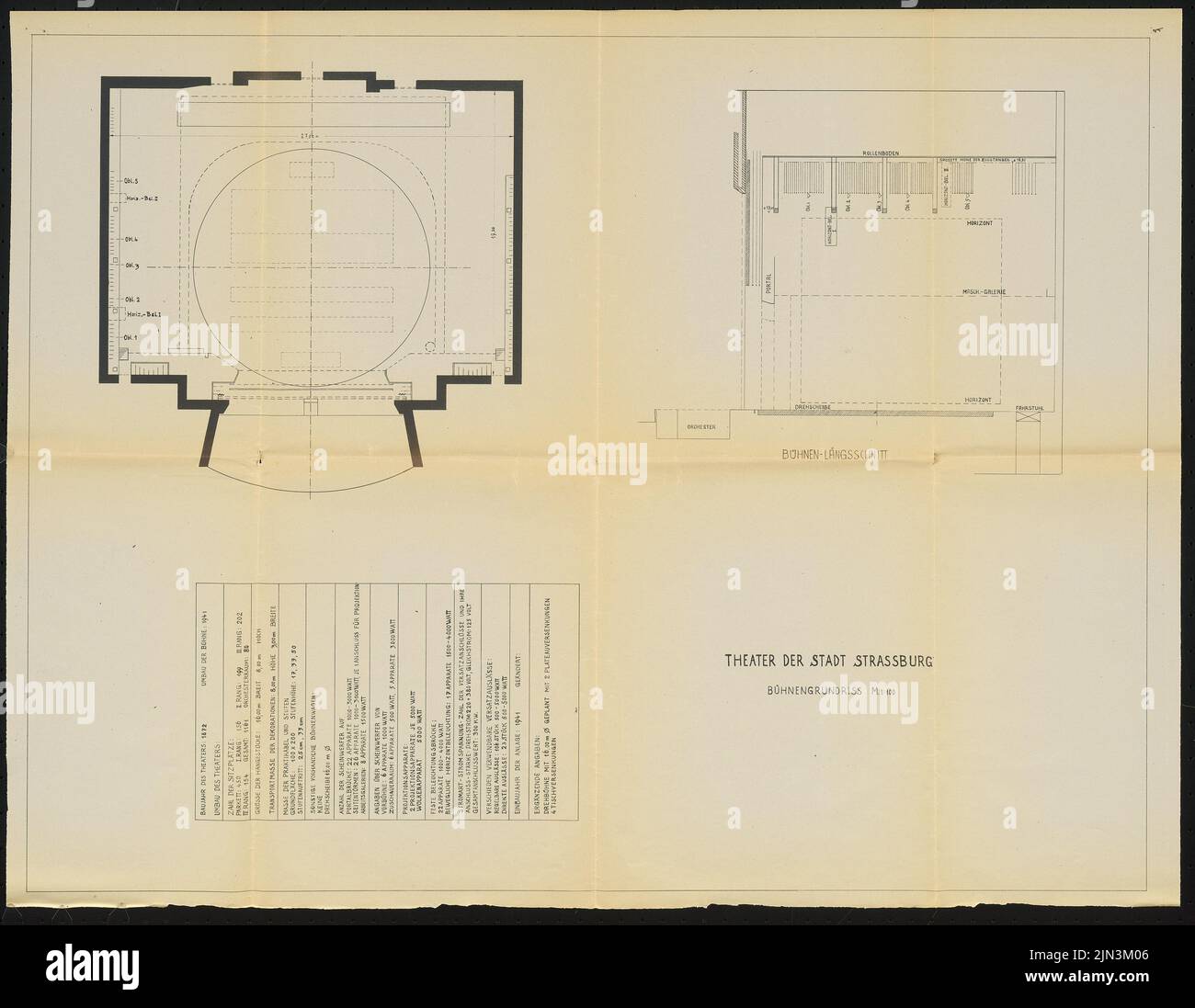 City theater, Strasbourg: stage floor plan and stage longitudinal ...