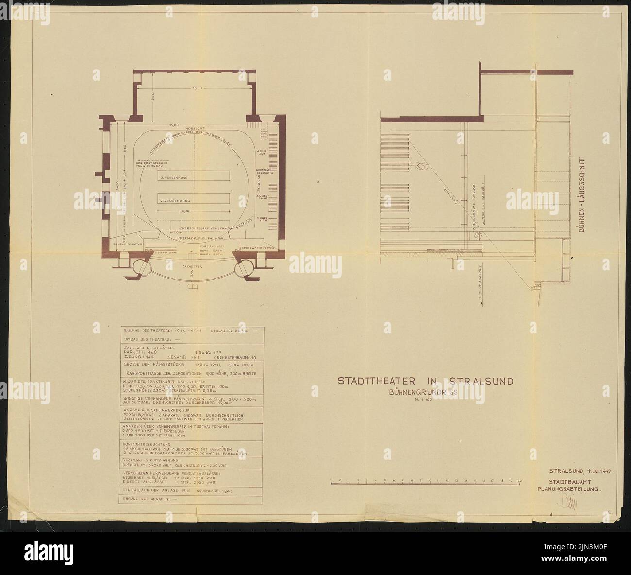 New theater, Stralsund: stage floor plan and stage longitudinal section ...