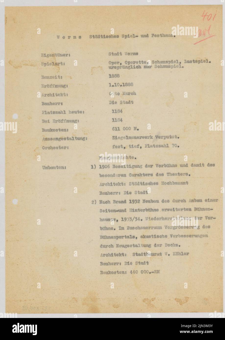 Otto March (1845-1913, as an architect): Festspielhaus, Worms Stock ...