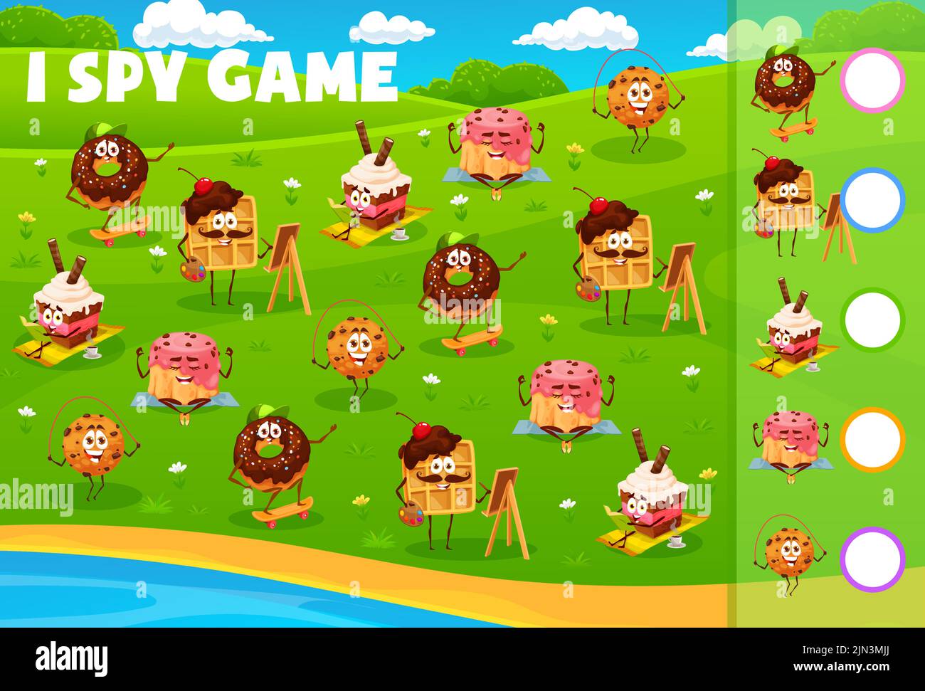 I spy game cartoon dessert sweet cookie and cake characters. Children ...
