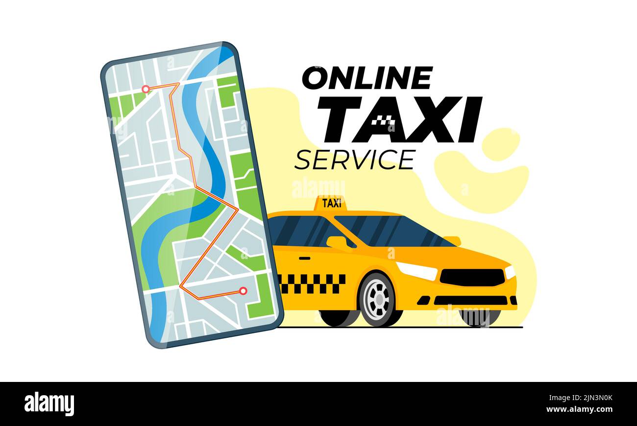 Taxi ordering and tracking service mobile app concept. Yellow cab with ...