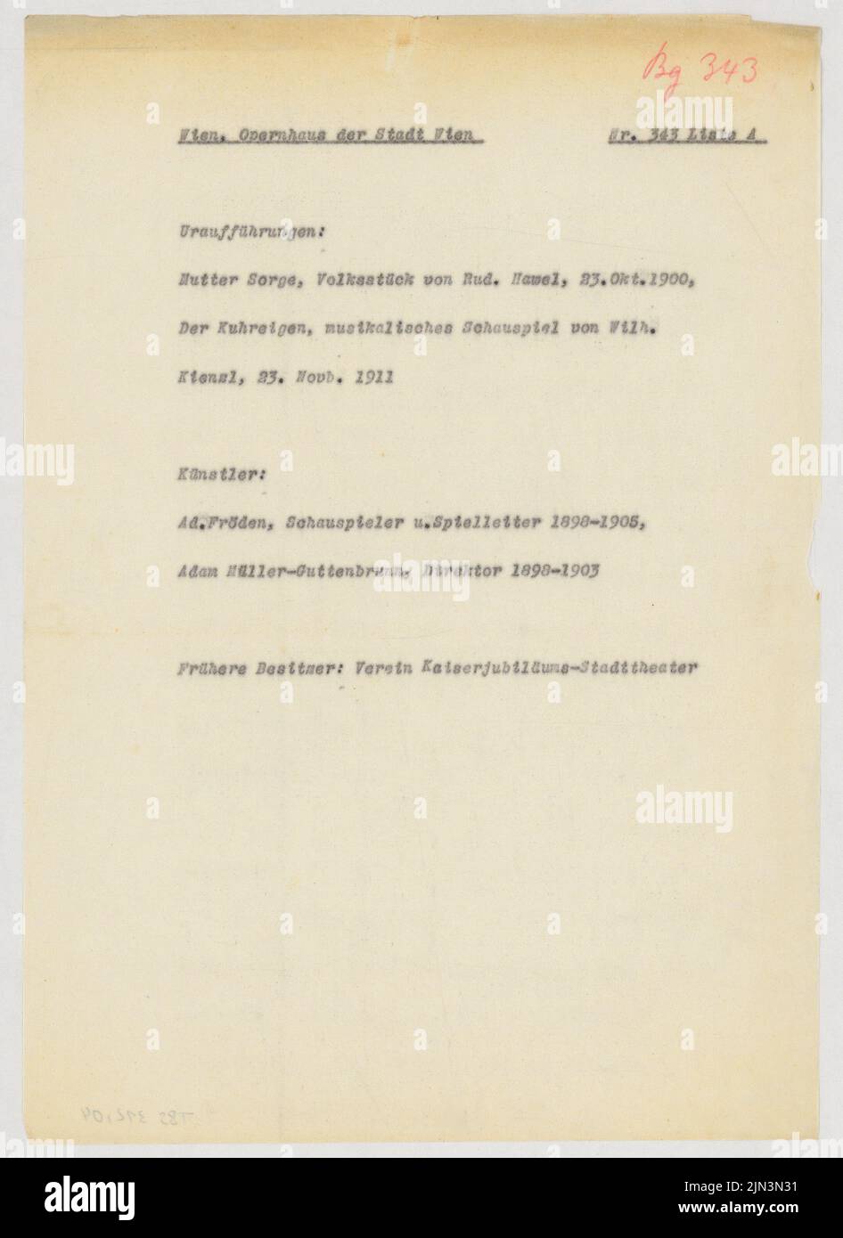 Emperor's Anniversary Stadtheater (i.e. Volksoper), Vienna: Document on ...