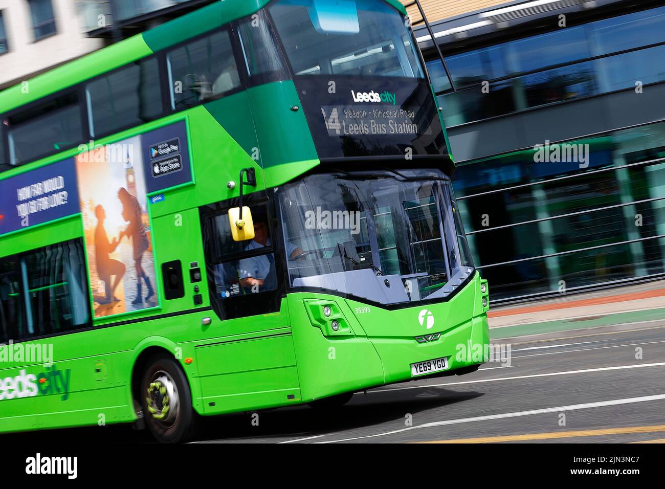 Double decker bus in Leeds City Centre operated by First Bus Company ...