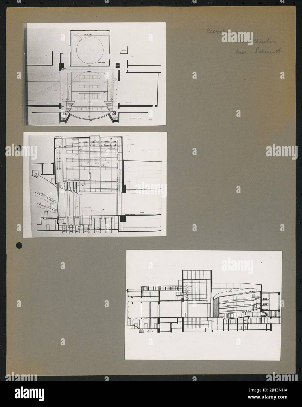 Stadttheater, Augsburg. Reconstruction: floor plan stage, longitudinal section stage ...