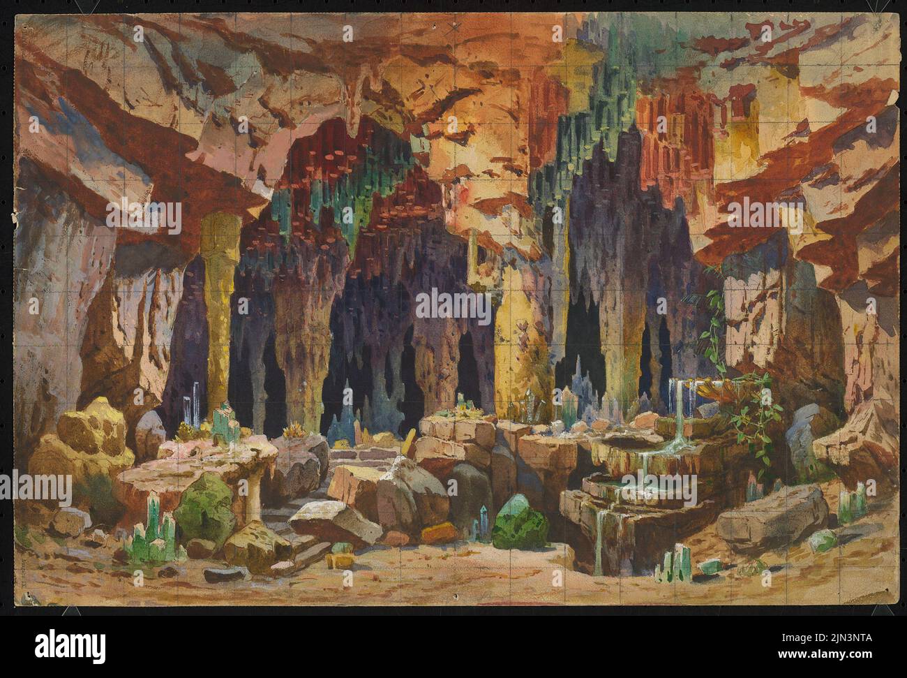 Stage design: scene cave with pencil grid as a painting hall template ...