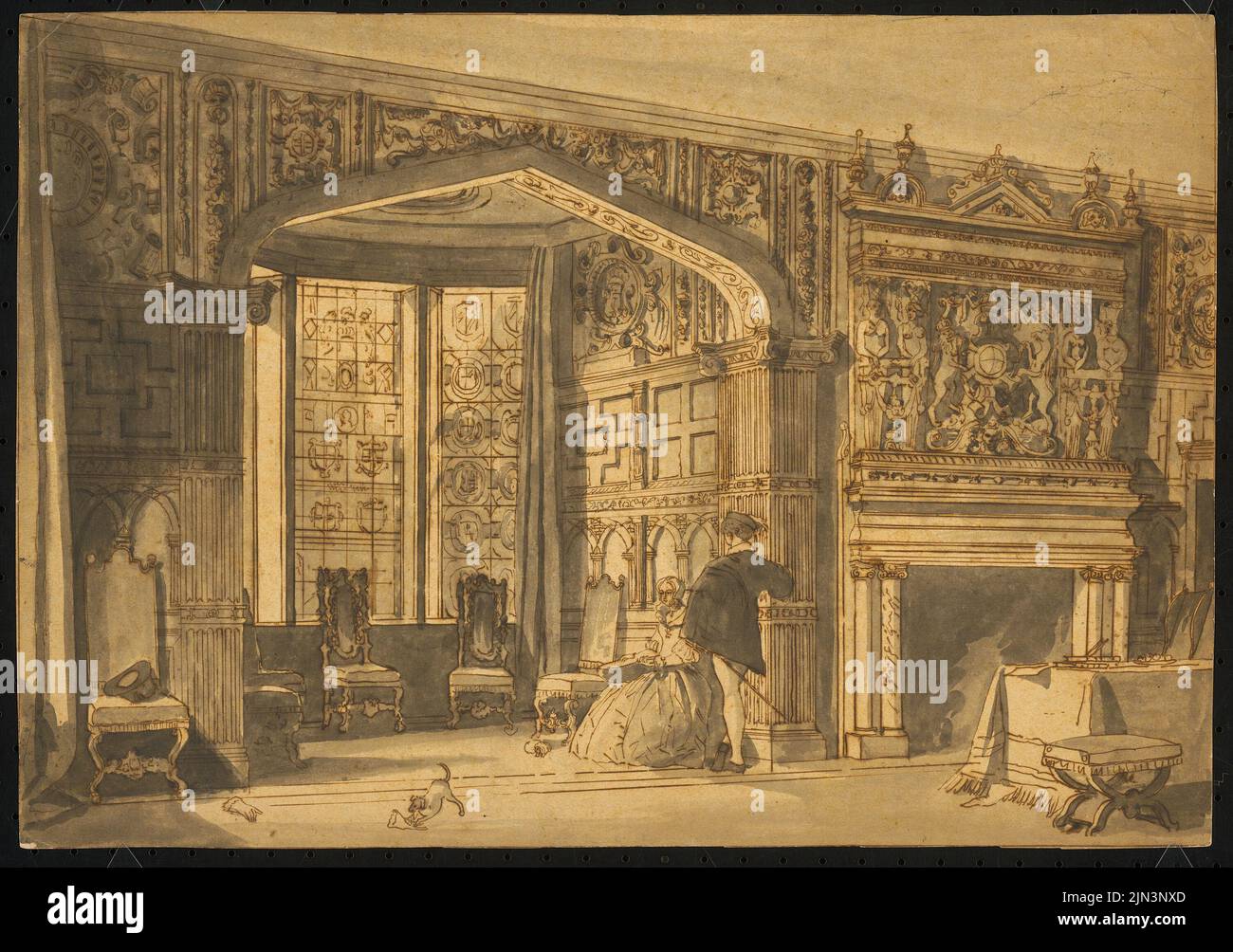 Stage study: Perspective interior view of a palace with a fireplace and ...