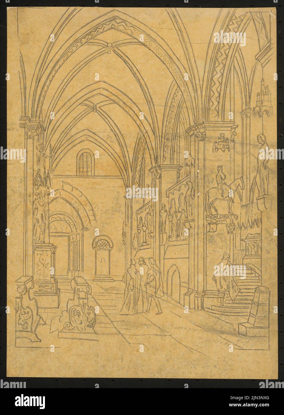 Architecture study: perspective view of a Gothic church room Stock ...