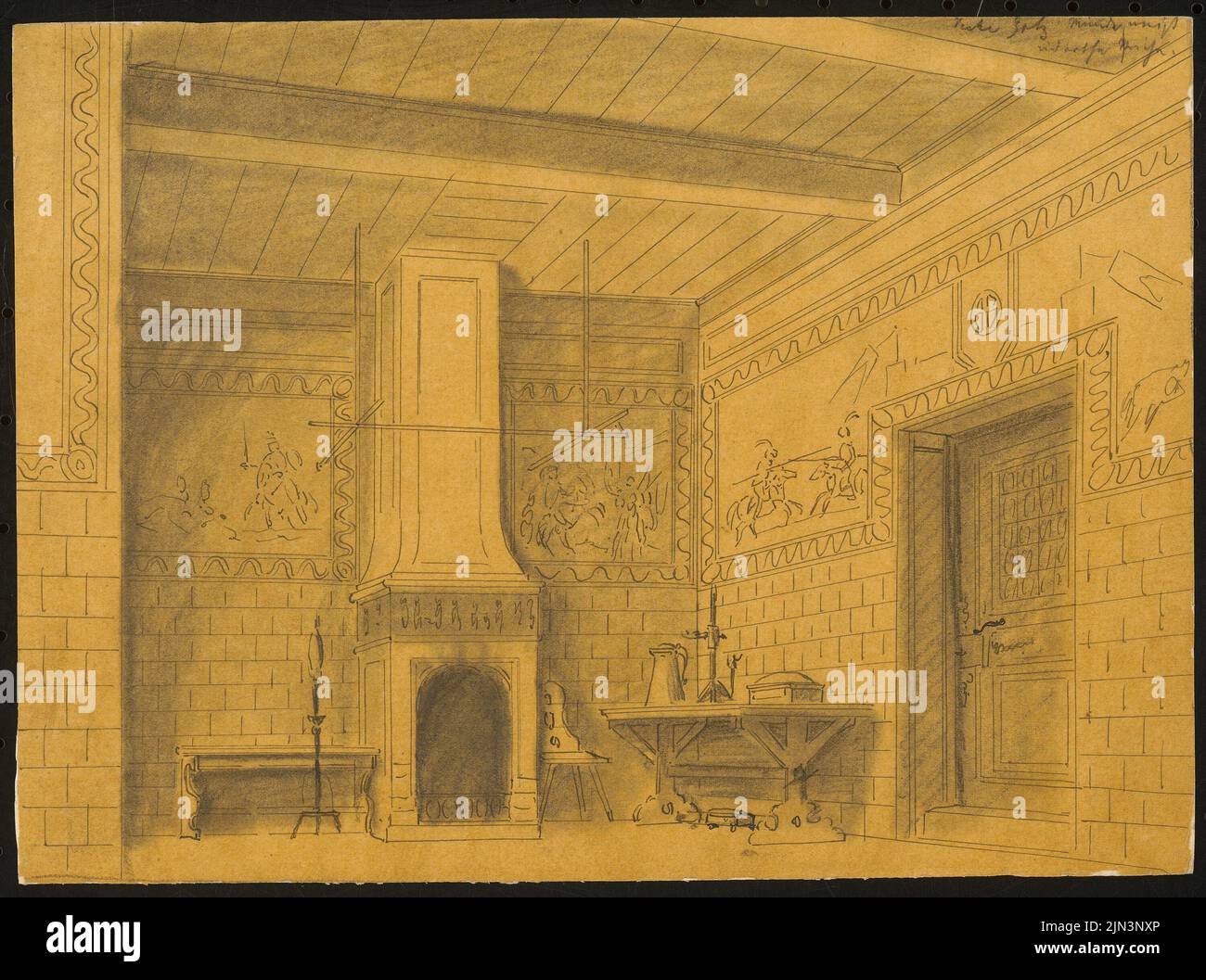 Architecture study: Perspective view of a palace room with fireplace ...