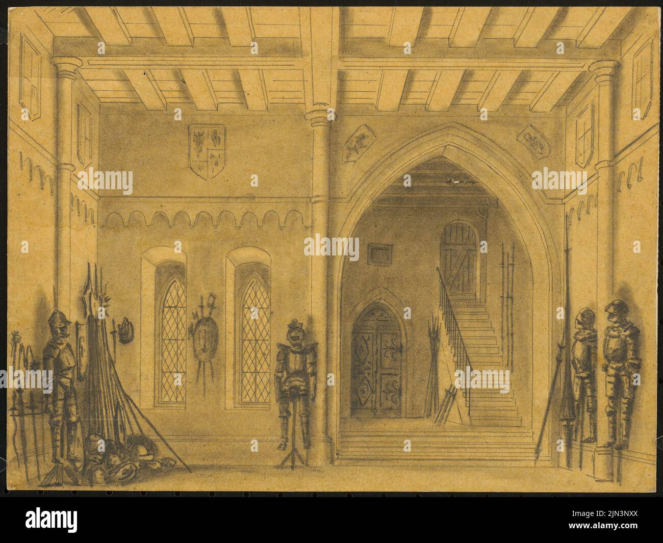 Architecture study: Perspective view of a coat of arms with knight ...