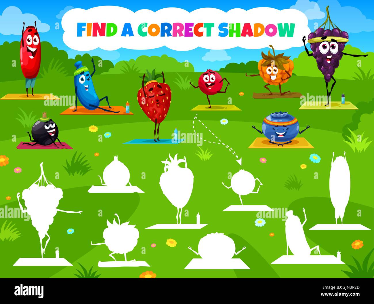 Find a correct shadow quiz game worksheet. Cartoon cute berry ...