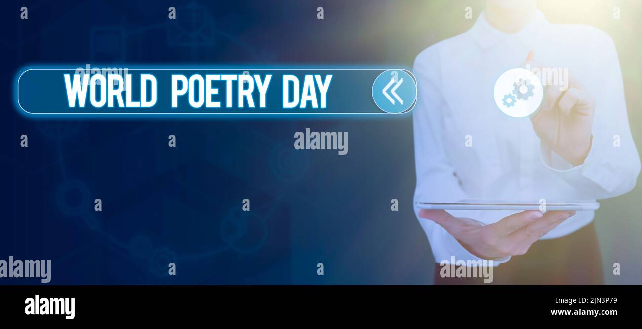 Hand writing sign World Poetry Day. Business showcase Worldwide ...
