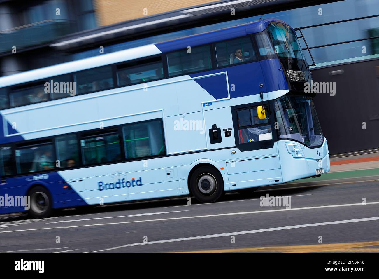 A double decker bus heading from Bardford into Leeds City Centre ...