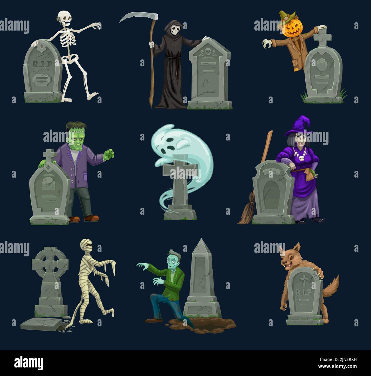 Halloween cartoon eerie characters around graves and gravestones ...