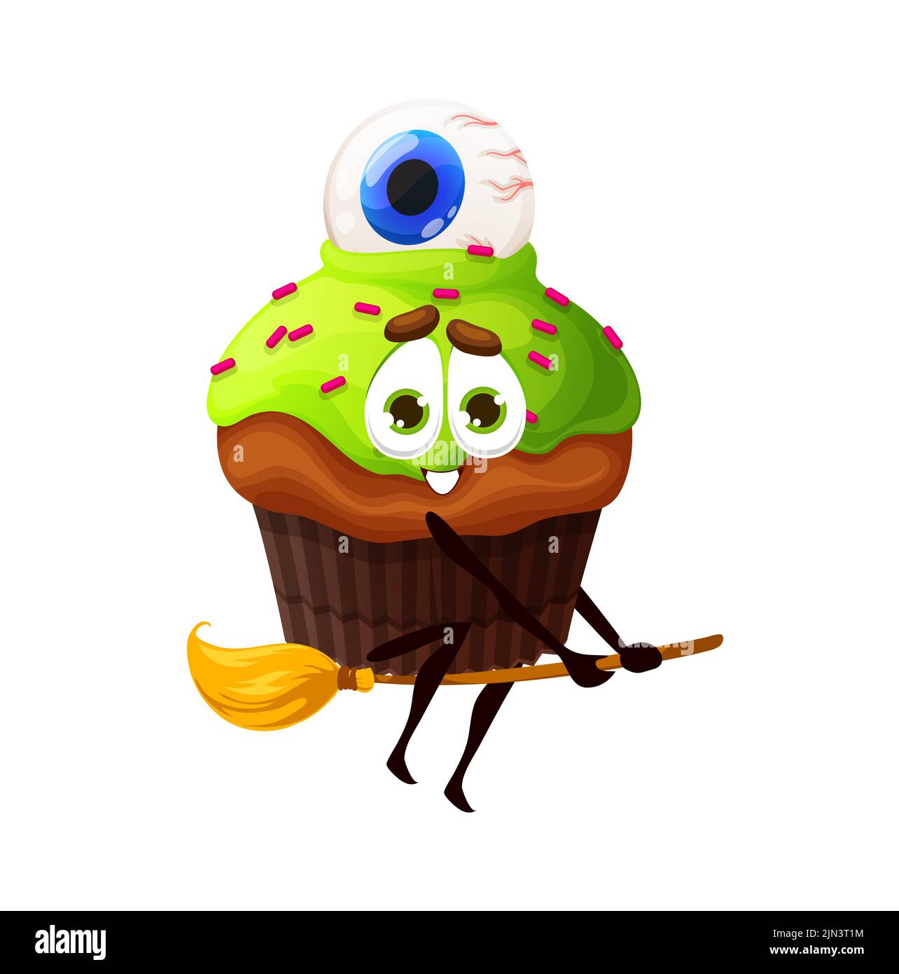 Cartoon Halloween cupcake on broom vector character. Traditional ...