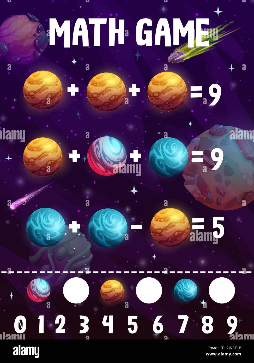Math game worksheet. Cartoon galaxy space comets, planets and stars. Kids puzzle game with ...