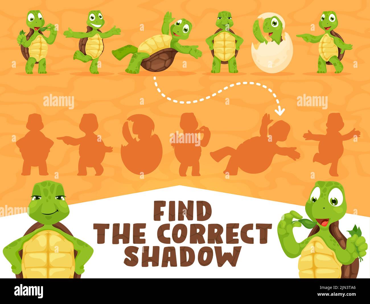 Find the correct silhouette of cartoon turtles. Cheerful tortoise ...
