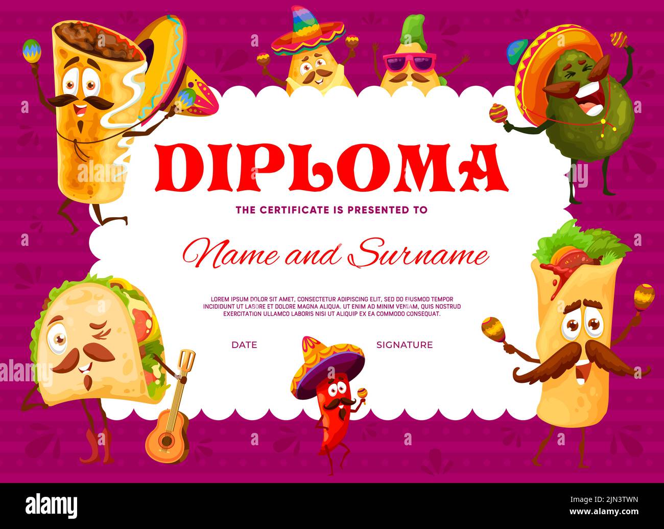 Kids diploma, cartoon Mexican Tex Mex food characters, vector ...
