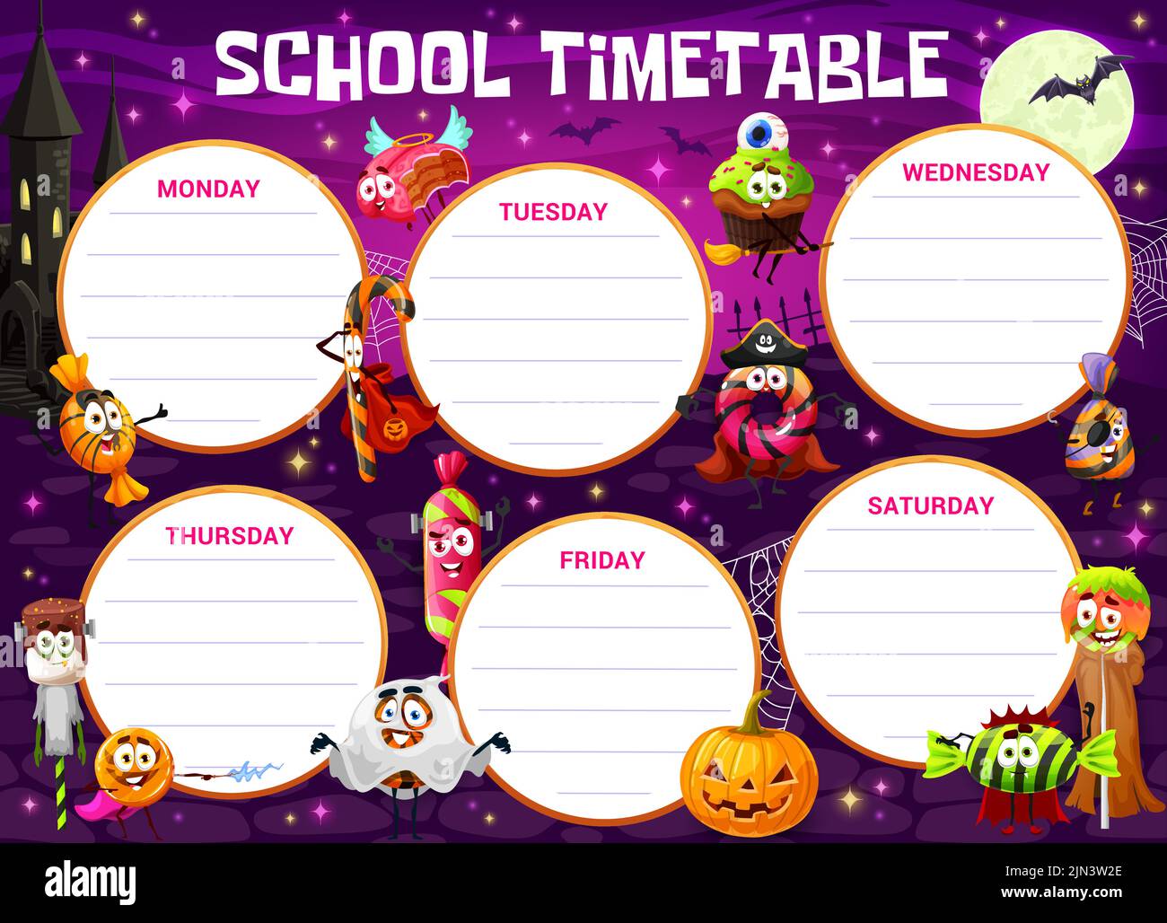 Timetable schedule, cartoon Halloween candy characters on cemetery ...