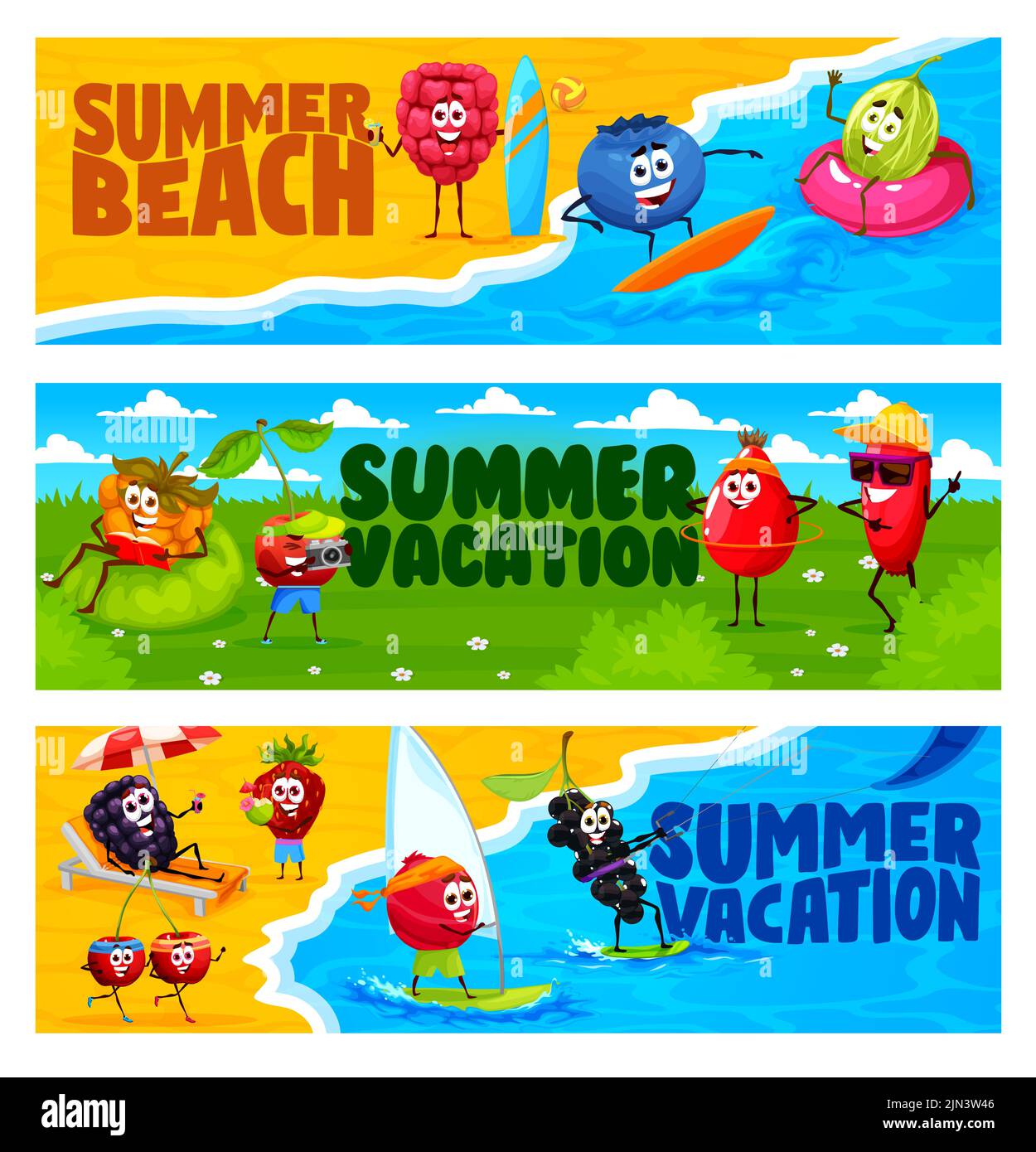 Cartoon berry characters on summer vacation and beach. Kids vector ...
