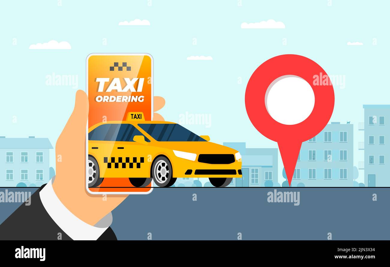 Taxi mobile ordering service app concept. Online order yellow cab. Hand ...