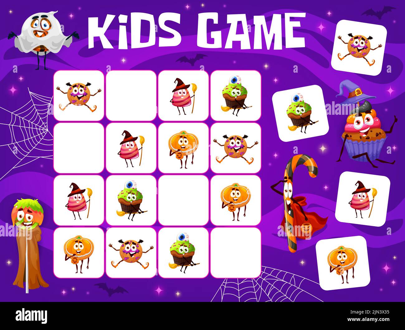 Sudoku game worksheet, cartoon Halloween candy characters on cemetery ...