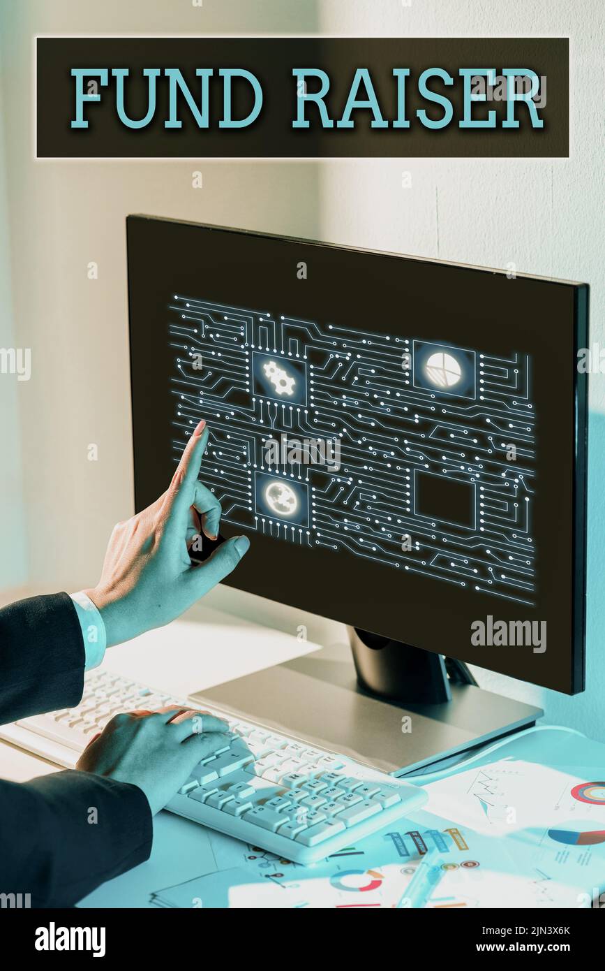 Hand writing sign Fund Raiser. Conceptual photo person whose job or ...