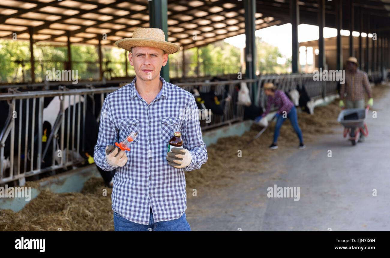 Farmer with syringe and medicine in his hands at dairy farm Stock Photo ...