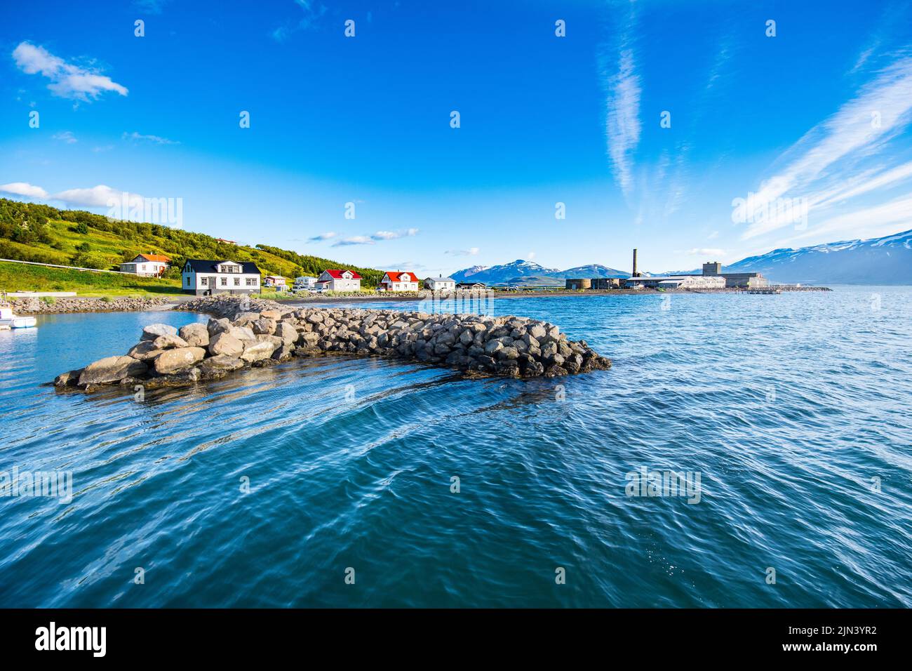 Port of village of Hjalteyri in North Iceland on a sunny summer morning ...