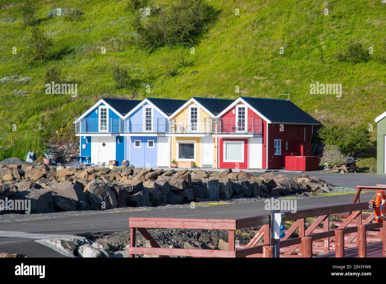 Colorful buildings in port of village of Hjalteyri in North Iceland ...