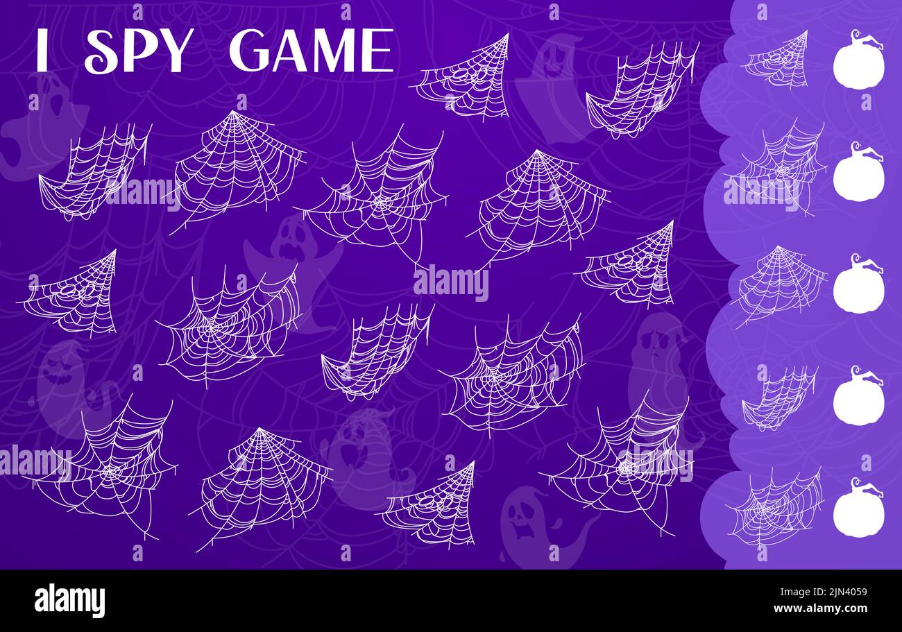 Halloween I spy game of cartoon spiderweb and cobweb, ghost and pumpkin ...