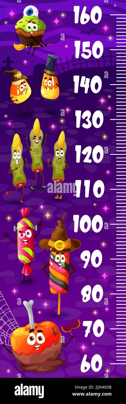 Kids height chart. Cartoon Halloween candy characters on cemetery ...