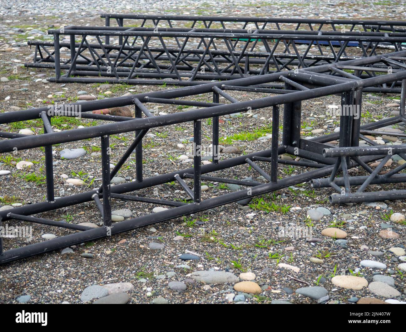 Disassembled frame of a street stage. Disassembled iron structure Stage ...