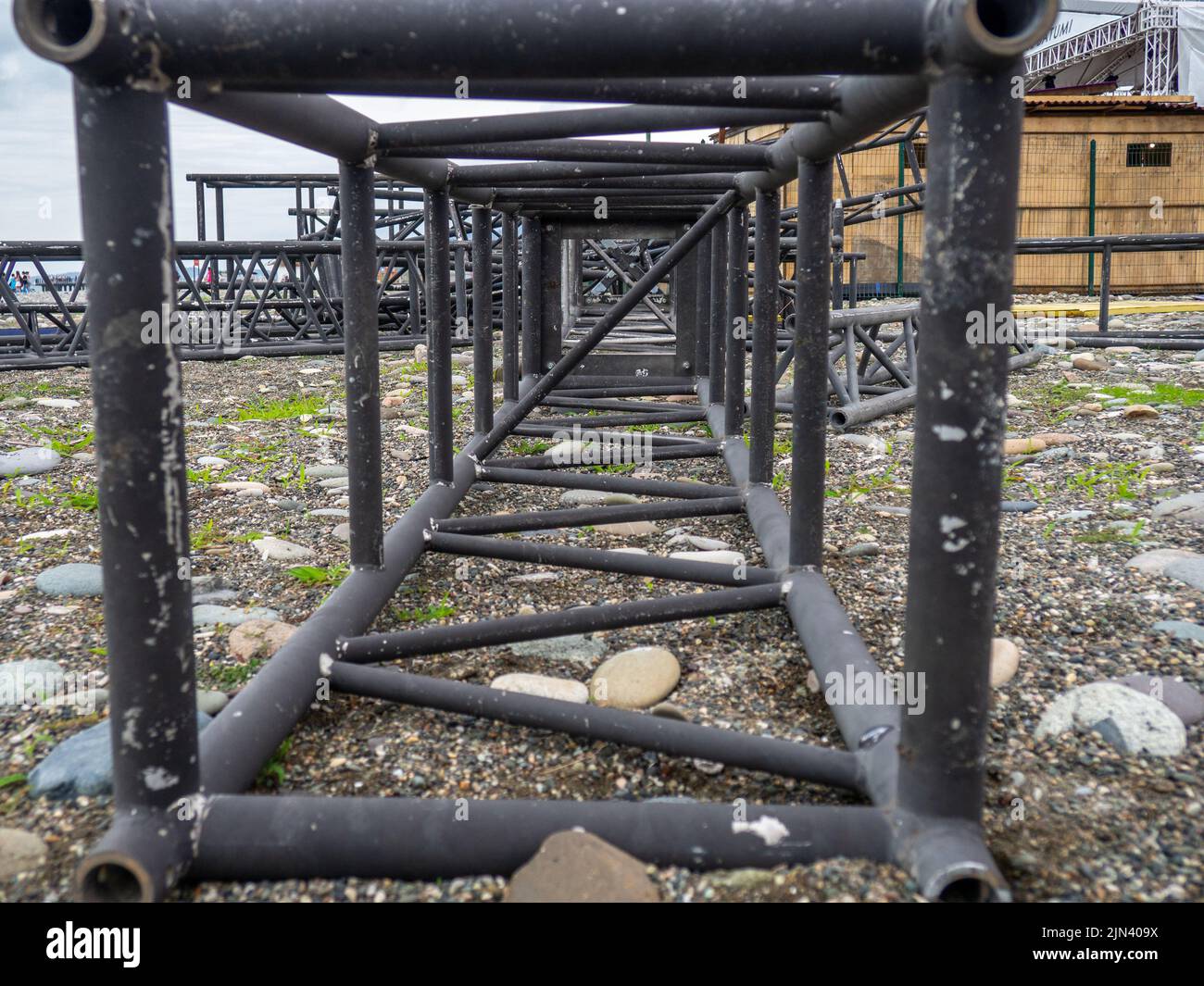 Disassembled frame of a street stage. Disassembled iron structure Stage ...