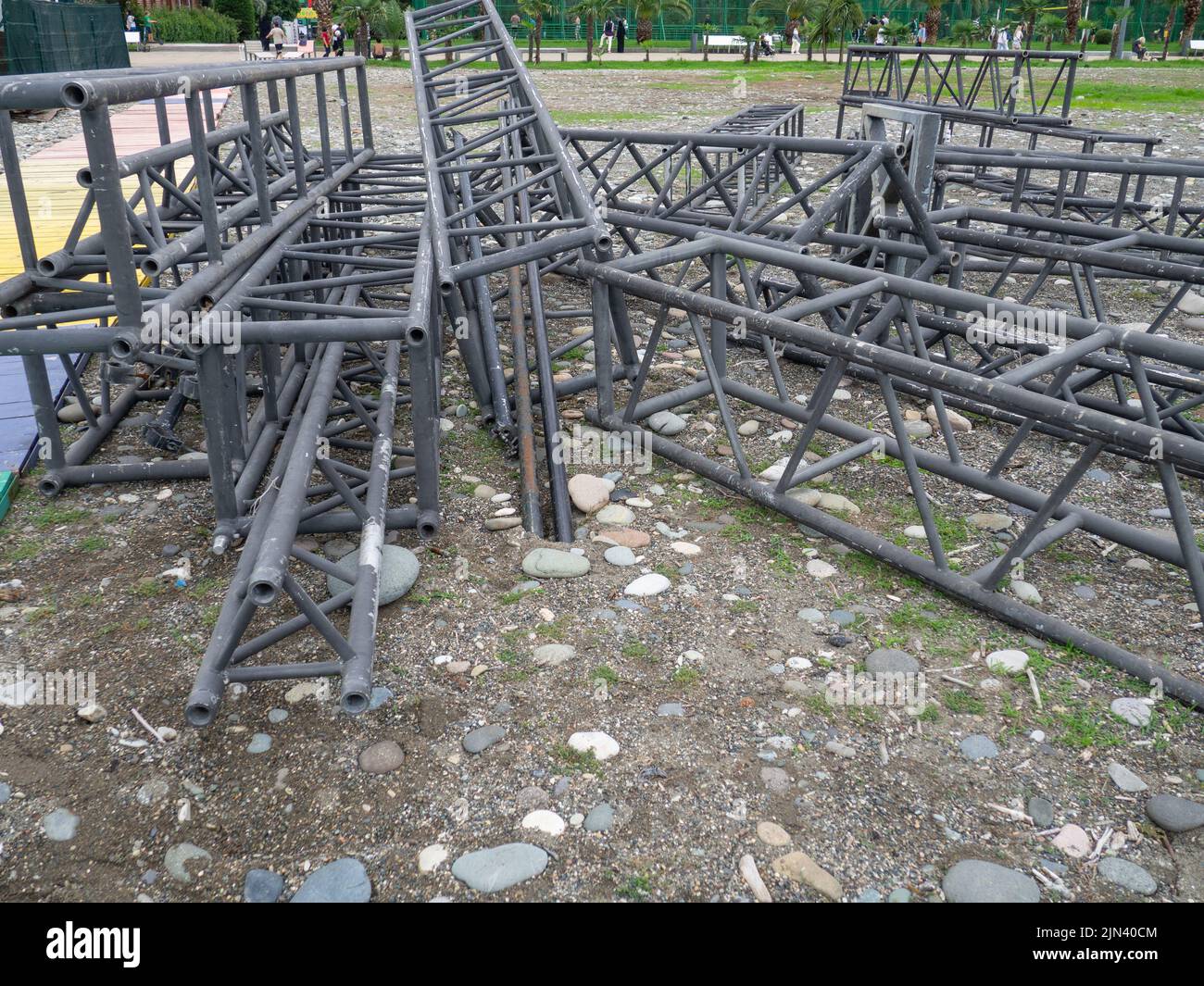 Disassembled frame of a street stage. Disassembled iron structure Stage ...