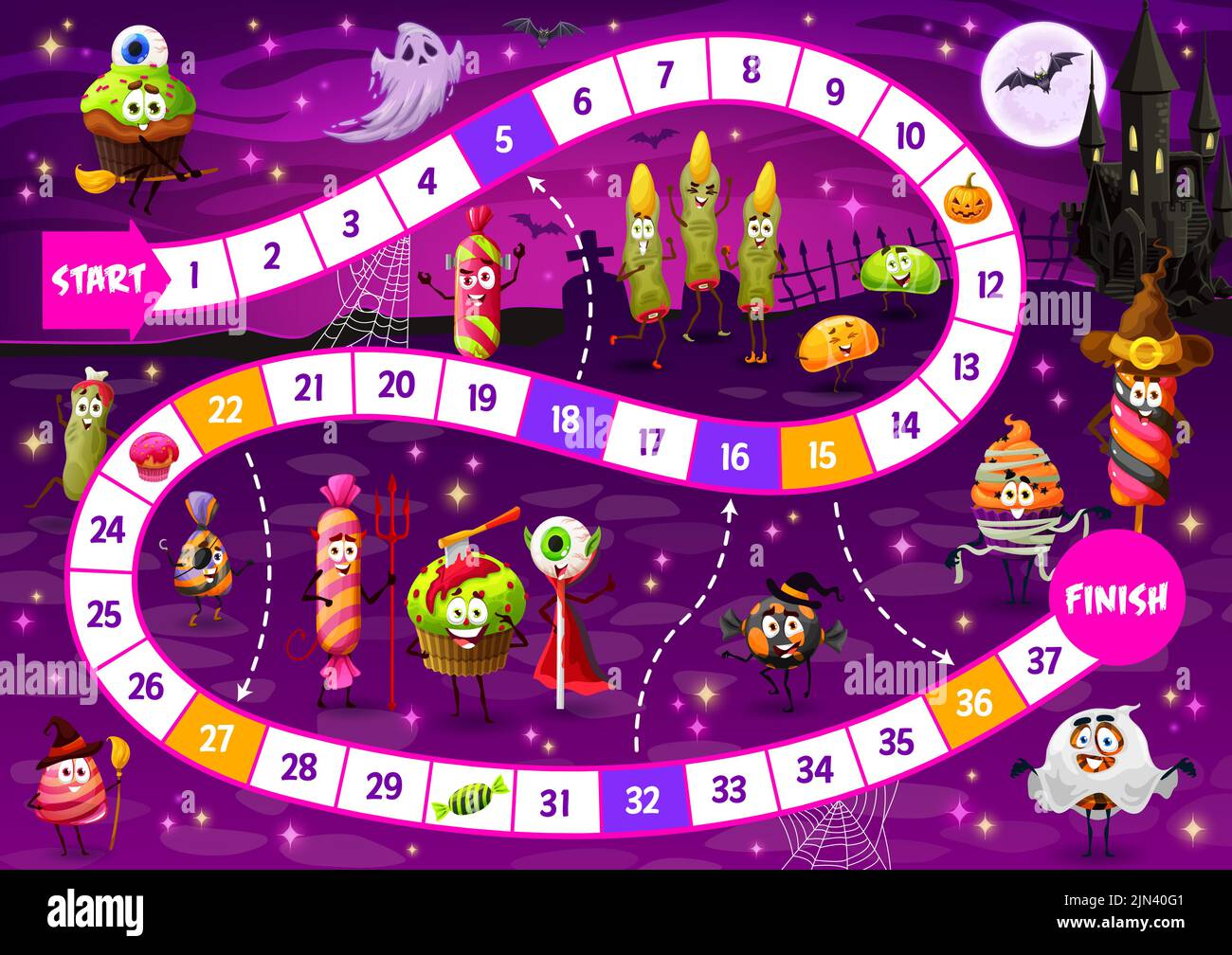Kids step board game. Cartoon Halloween candy characters vector ...
