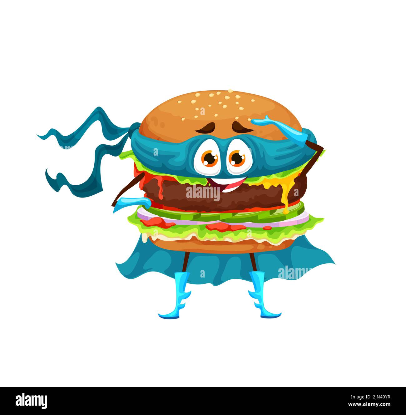 Cartoon funny burger superhero character. Fast food meal, sandwich ...