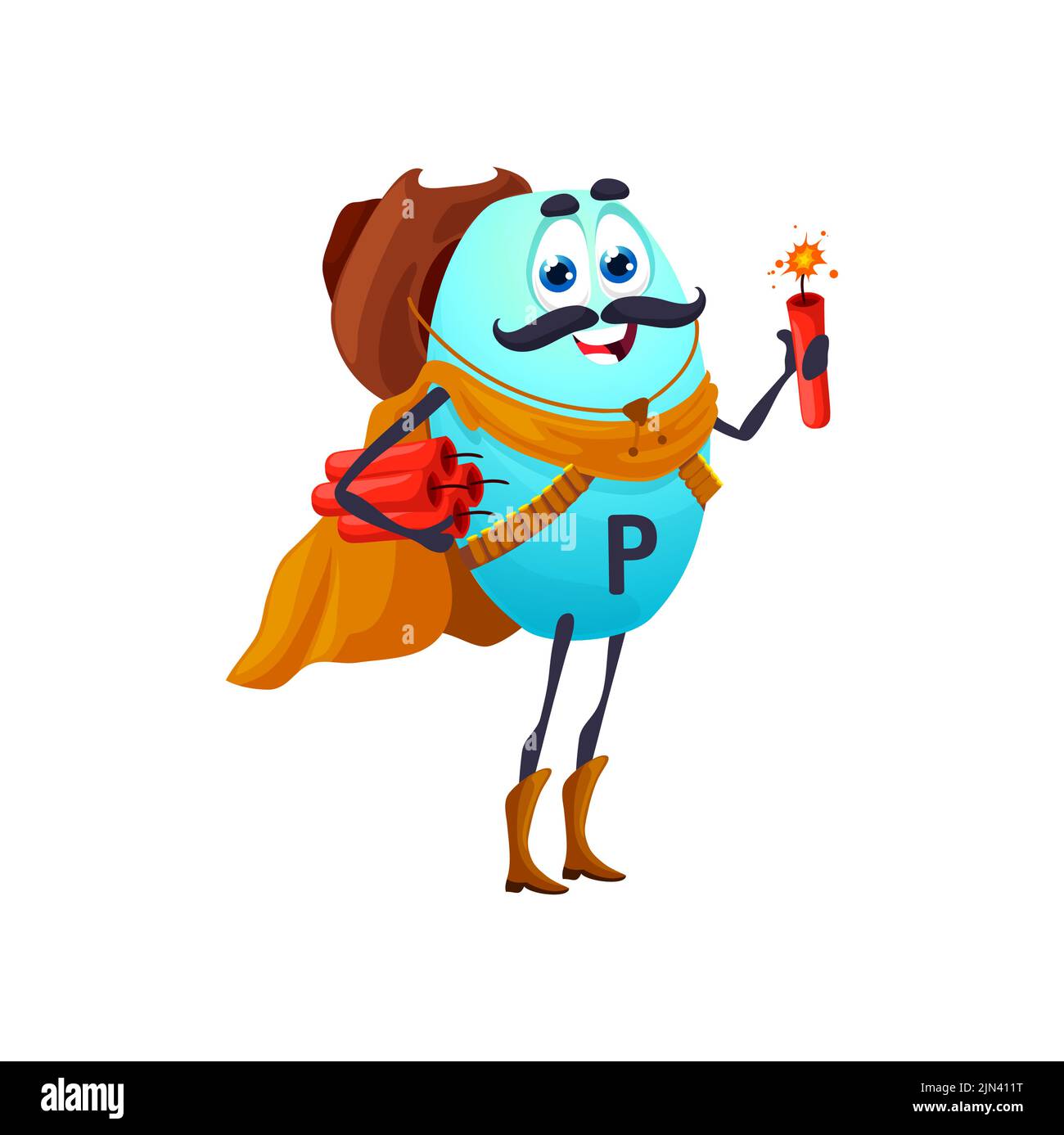Cartoon vitamin P robber or bandit character with dynamite. Cowboy or ...