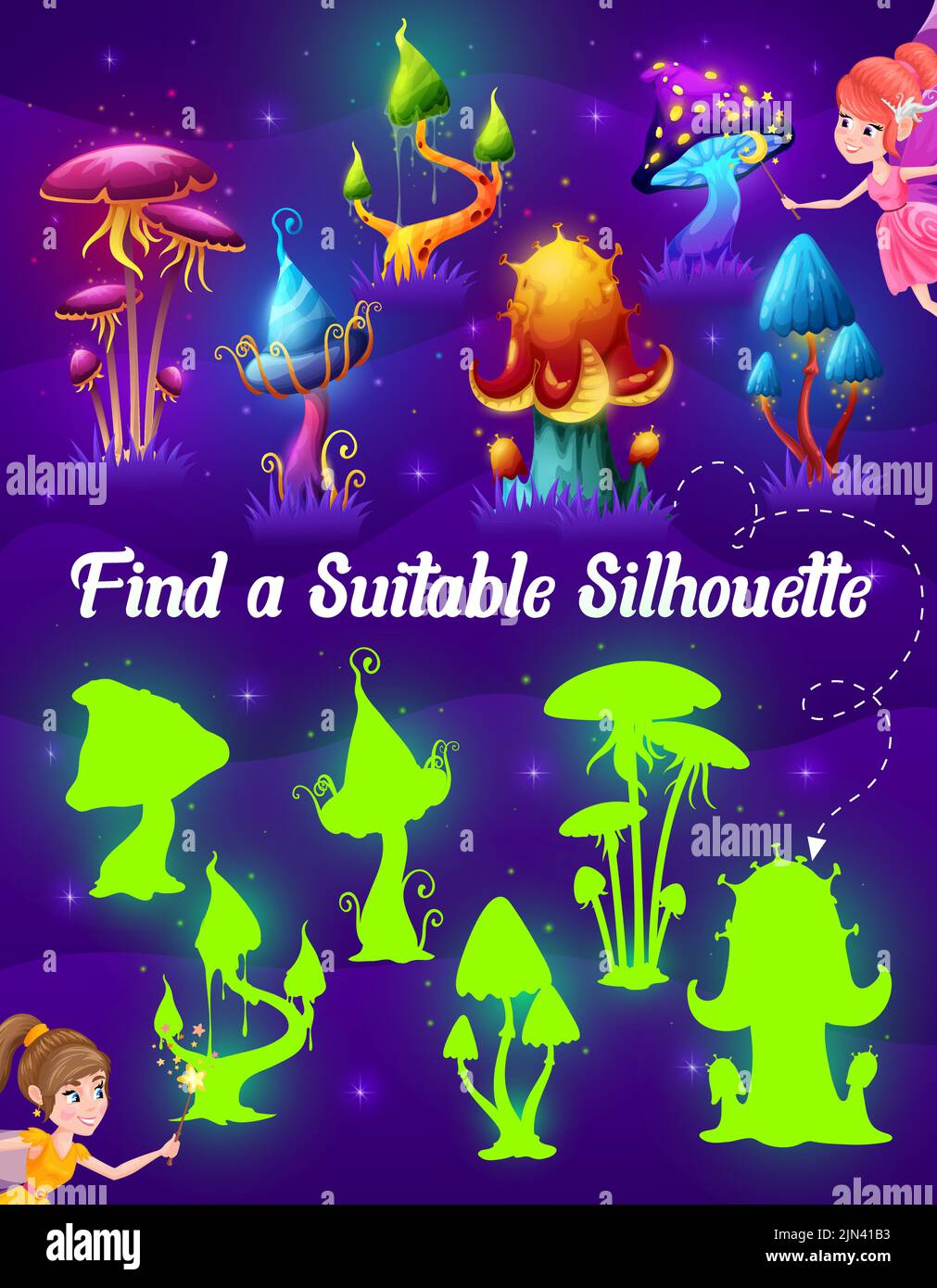 Find a suitable silhouette of magic mushrooms. Kids game worksheet ...